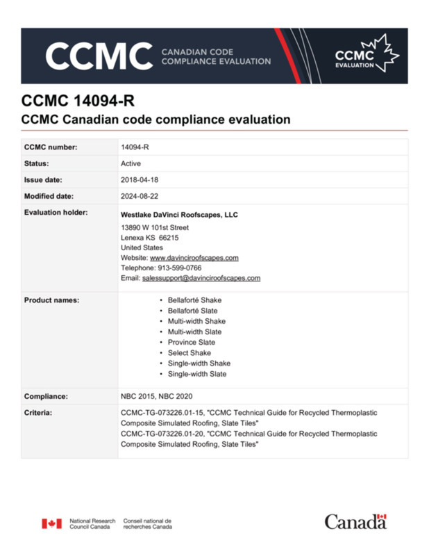 CCMC Canadian code compliance evaluation | Westlake Royal Building Products